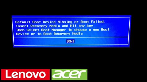 lenovo ideapad acer default boot device missing or boot failed error