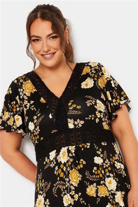 Yours Plus Size Black Floral Print Lace Detail Dress Yours Clothing