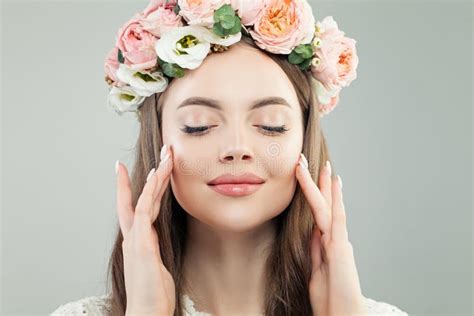 Cute Model Woman Face Natural Makeup And Flowers Skincare And Facial