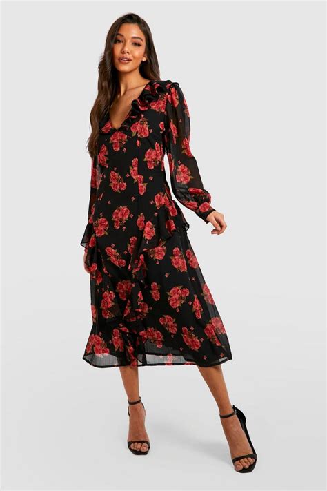 The Printed Ruffle Midaxi Dress Boohoo Uk
