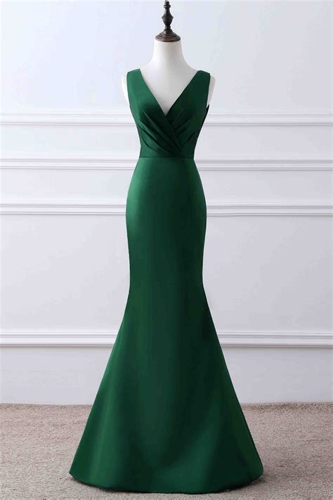 Green Matte Satin V Neck Mermaid Unique Design Evening Dress Evening