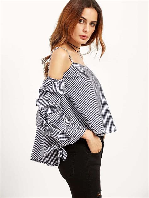 Navy Gingham Billow Sleeve Cold Shoulder Top Shein Sheinside