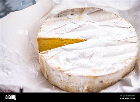 French Soft Brie Cheese Round Wheel In Paper Package Dairy Double