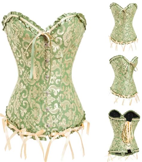 Green Gold Elegant Jacquard Overbust Corset Gothic Clothing W Ribbon
