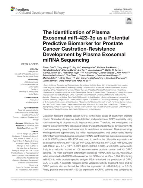 Pdf The Identification Of Plasma Exosomal Mir 423 3p As A Potential