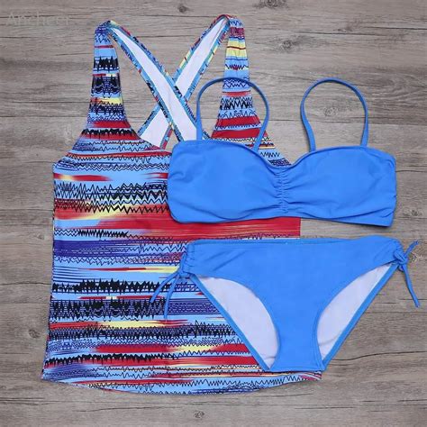 Womens Swimming Suit Striped Printed Tankini Set 3 Pieces Push Up