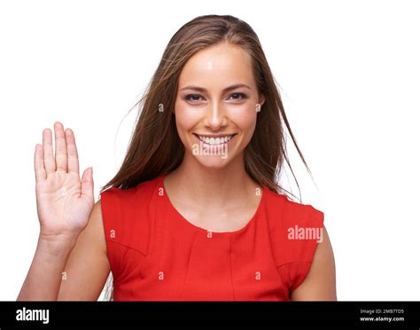 Wave Welcome And Portrait Of A Woman Smile With Happiness And Isolated
