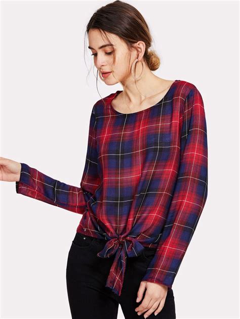Shein Knot Front Plaid Top Plaid Tops Tops Plaid