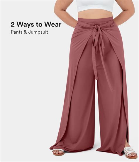Womens High Waisted Tie Front Split Hem Palazzo Wide Leg Flowy Casual