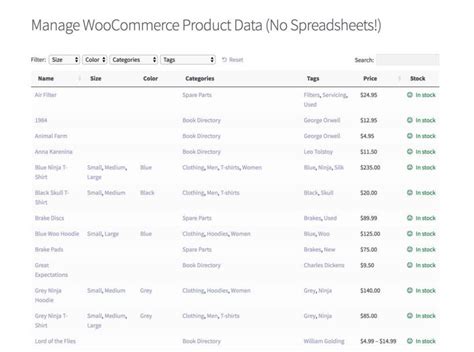 how to display and filter a big spreadsheet of woocommerce products