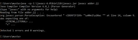 java javacc was expecting one of string literal stack overflow