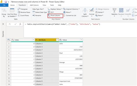 automatically remove empty columns and rows from a table in power bi