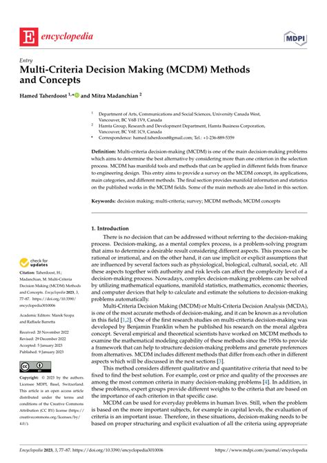 Pdf Multi Criteria Decision Making Mcdm Methods And Concepts