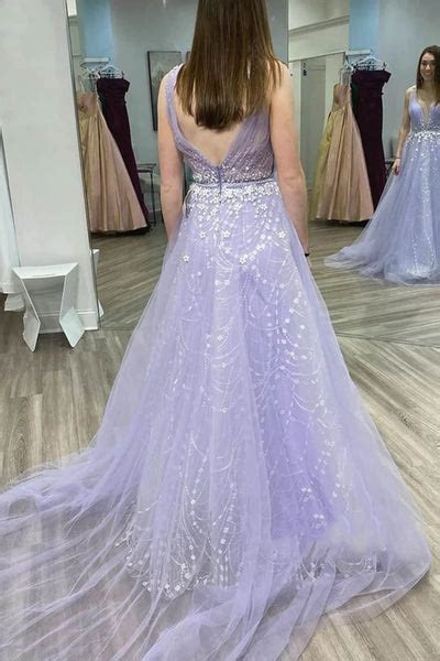 A Line V Neck Tulle Lace Appliques Long Lilac Prom Dress V Neck Lace