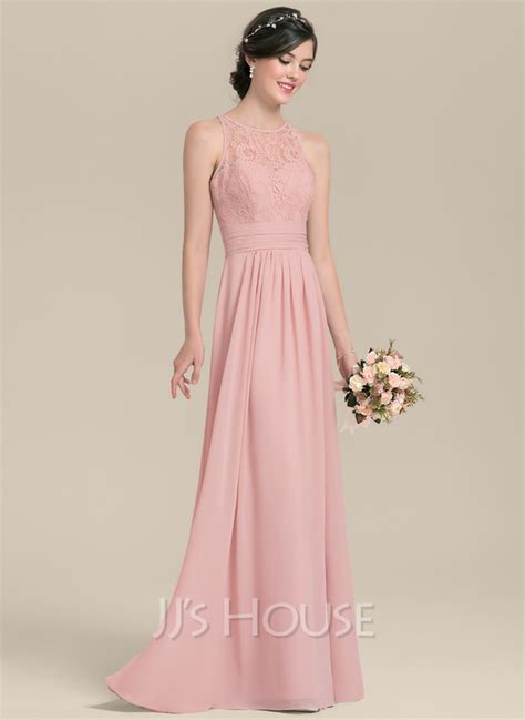 A Line Princess Scoop Neck Floor Length Chiffon Lace Bridesmaid Dress