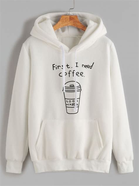 White Printed Hooded Sweatshirt With Pocket Stylish Hoodies Trendy