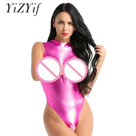 Yizyif Women Sexy Bodysuit Shiny Leotard Turtleneck Clubwear Wetlook