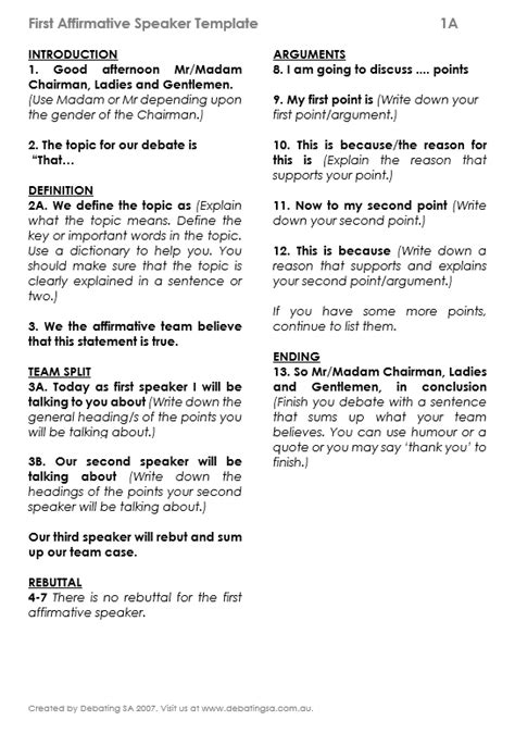 Speech Structure Templates Debating Sa Incorporated