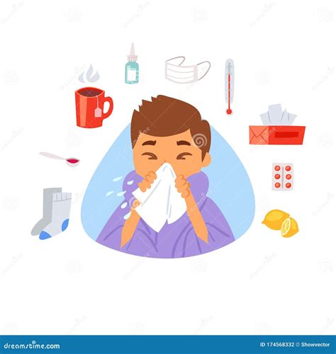 Gripe Y Niño Enfermo Con Pañuelo En La Mano Y Medicina Para La Gripe