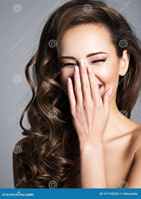 Happy Laughing Woman Cover The Hand Her Face Stock Image Image Of