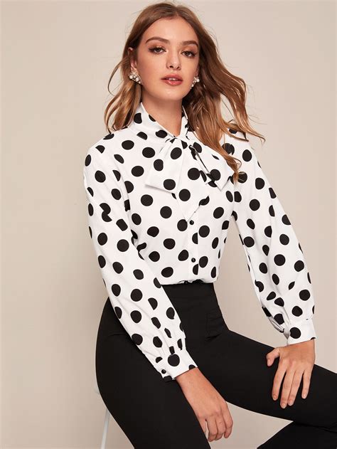 Unique Vintage White Black Polka Dot Neck Tie Gwen Blouse Artofit