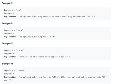 leetcode 리트코드 1624 largest substring between two equal character
