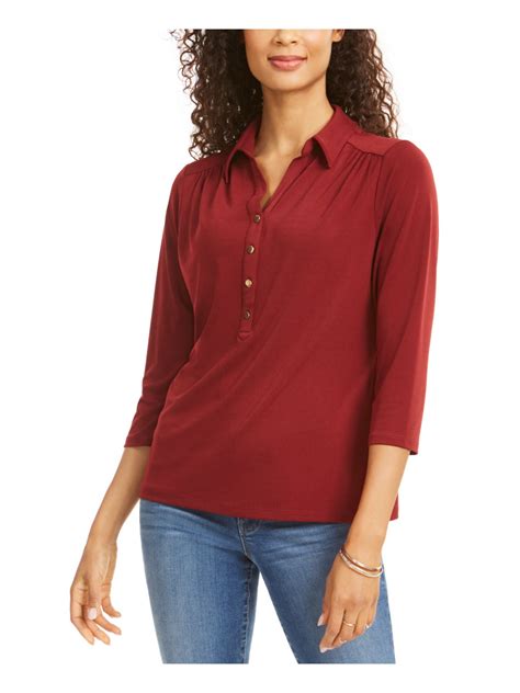 Charter Club Charter Club Womens Burgundy Solid 3 4 Sleeve Collared