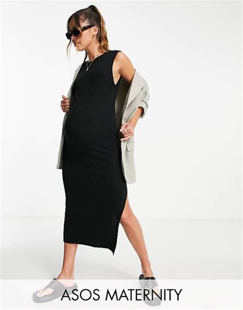 Asos Design Maternity Knitted Maxi Dress In Wide Rib With Low Back