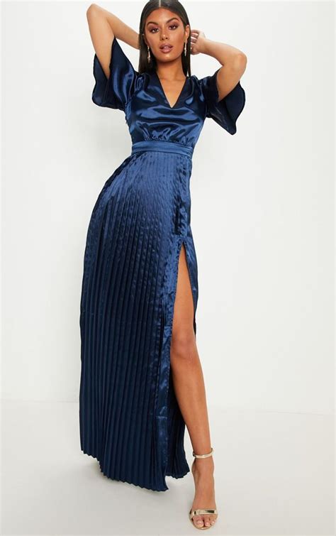 Navy Satin Flared Sleeve Pleated Maxi Dress Flowy Dress Long Pleated