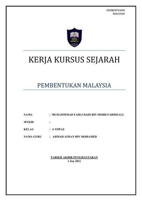 Contoh Kerja Kursus Sejarah Tingkatan 3 2020 Folio Sejarah Tingkatan