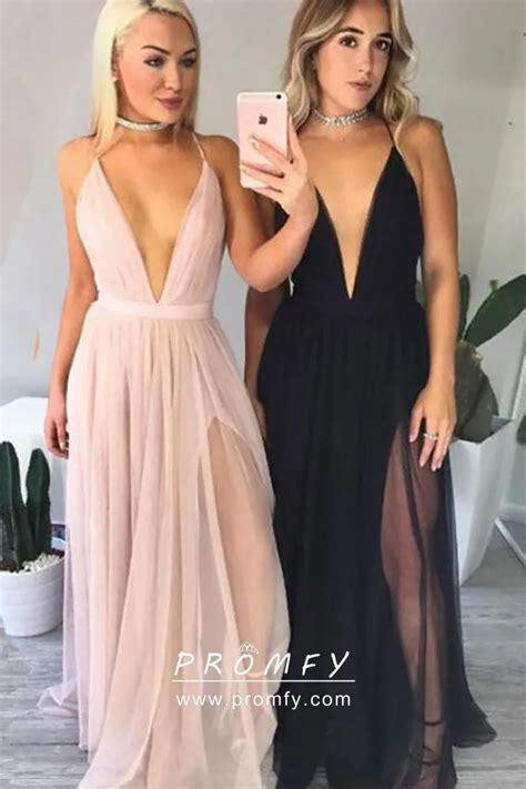 Sexy Plunging Neckline Thigh High Split Black Tulle Prom Dress