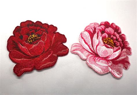 Iron On Motifs Patches Peony Roses Embroidered Satin Etsy