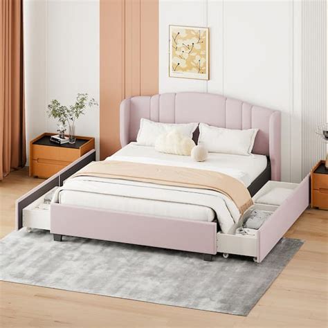 Harper And Bright Designs Pink Wood Frame Queen Size Linen Upholstered
