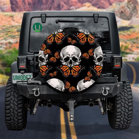 Human Skull And Orange Butterfly On Black Background Spare Tire Cover