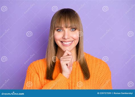 Photo Of Smart Positive Lady Finger Chin Toothy Beaming Smile Wear