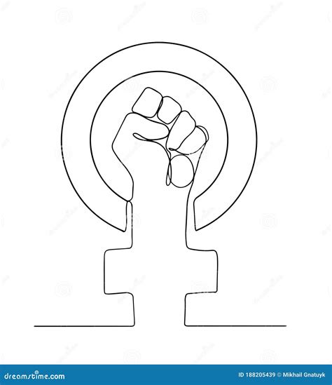 Female Gender Symbol And Raised Fist Feminism One Line Vector Drawing