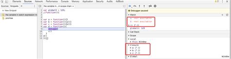 javascript chrome dev tool watch variable not available fails to