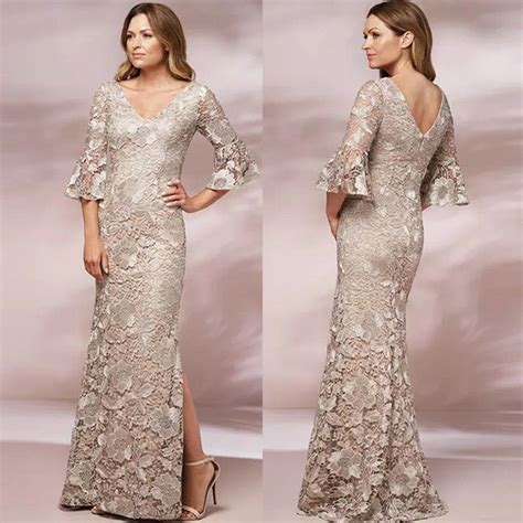 Champagne Mermaid Lace Mother Of The Bride Dresses V Neck Long Sleeves