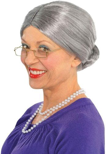 Old Lady Grey Bun Wig Womens Gangster Granny Fancy Dress Costume