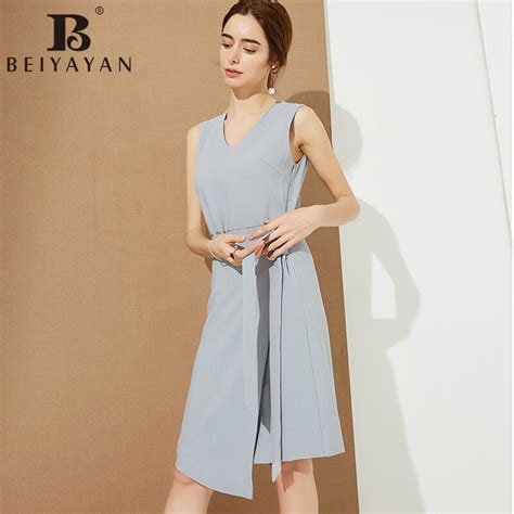 Beiyayan Grey Color Knee Length Sleeveless Office Dress V Neck A Line