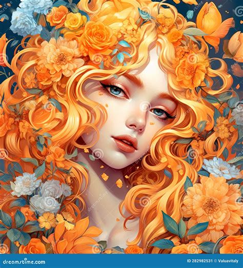 Beautiful Girl Face With Long Curly Hair Orange Autumn Leaves And