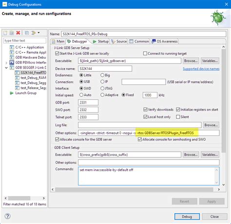 freertos threads in eclipse debug view with segger j link and nxp s32