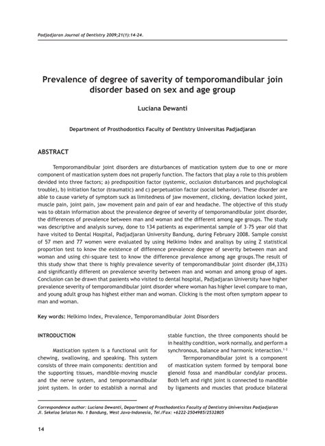 Pdf Prevalence Of Degree Of Severity Of Temporomandibular Joint