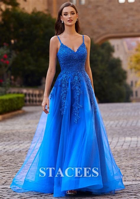 A Line Princess V Neck Sleeveless Sweep Train Tulle Prom Dress With