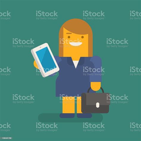 Business Woman Holding Mobile Phone Suitcase And Smiling Vector