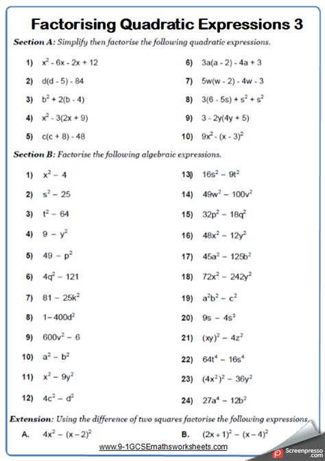 Grade 10 Math Factoring Worksheets