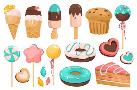 Dulces Y Postre Conjunto Gráfico Elementos En Plano Diseño Haz De