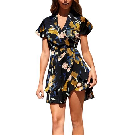 Buy Women Boho Dress Summer Short Sleeve Floral Print