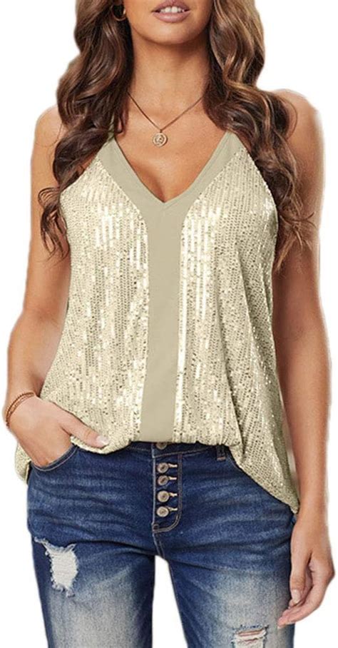 Damen Paillette Top Glitzer Oberteile Shirt Tunika V Ausschnitt Tank