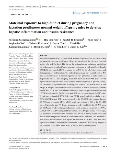 Pdf Maternal Exposure To High‐fat Diet During Pregnancy And Lactation